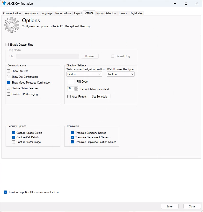 ALICE Directory – Advanced Options Tab