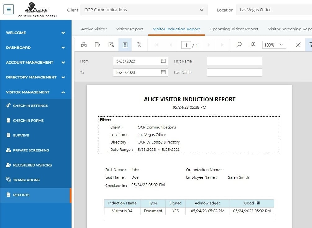 ALICE Portal – Visitor Induction Reports